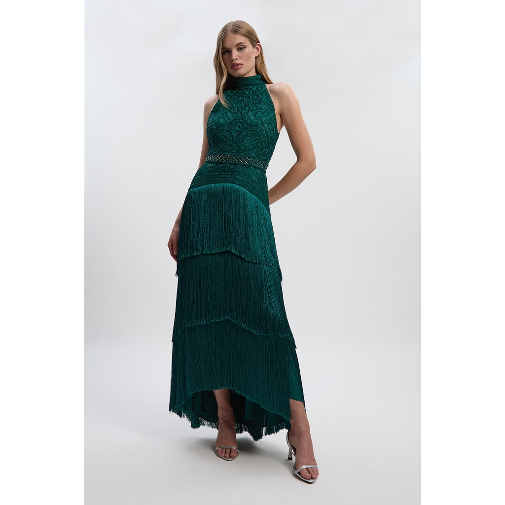 KAREN MILLEN Karen Millen Beaded Tiered Fringed Halterneck Maxi Dress